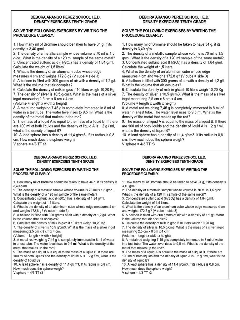 Tenth Grade Density Exercises | PDF | Density | Litre