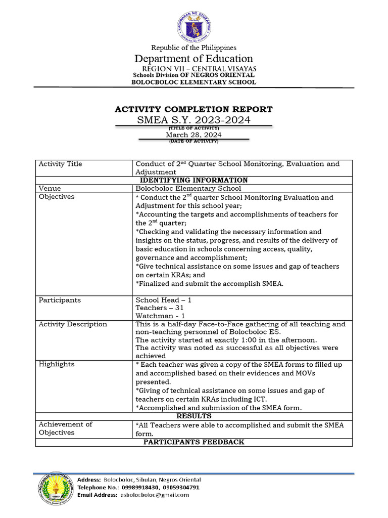 Activity Completion Report Smea | PDF