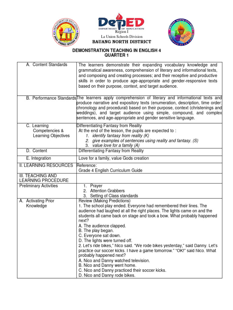 PDF Demonstration Lesson in English 4 Matatag Curriculum Compress | PDF | Reading Comprehension ...