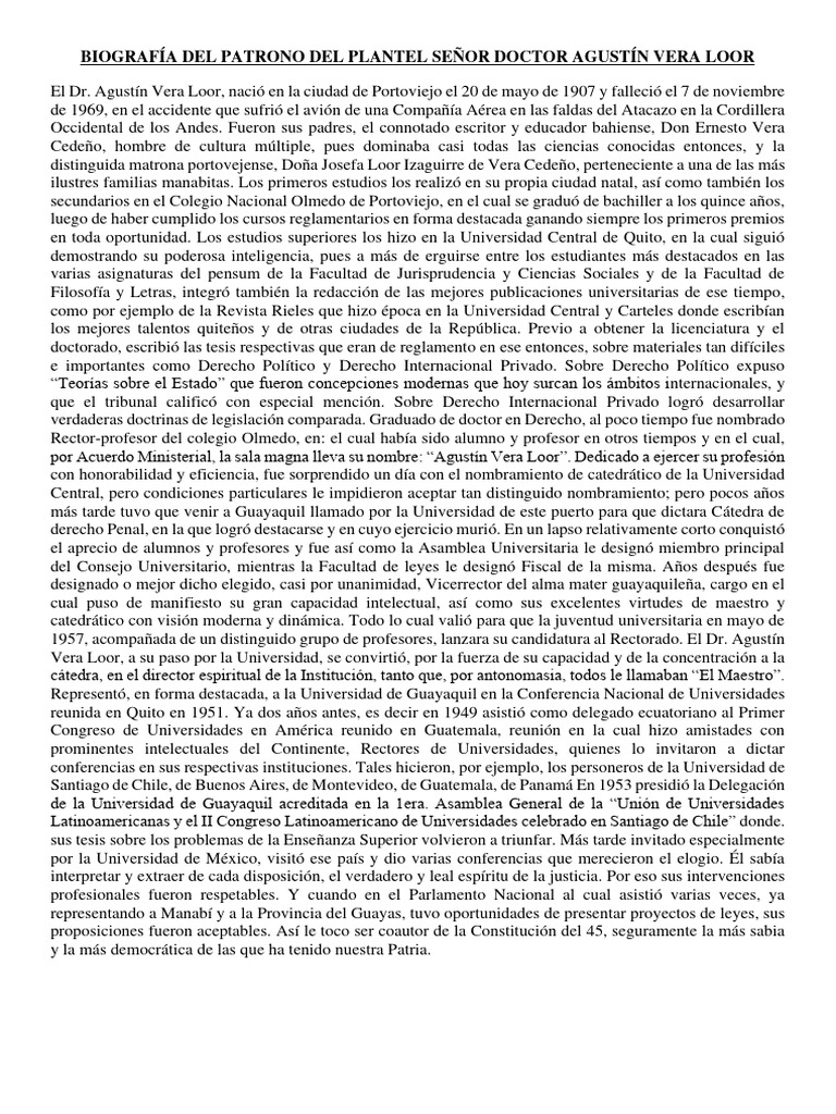 Biografía Del Patrono Del Plantel Señor Doctor Agustín Vera Loor | PDF ...