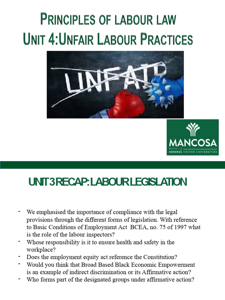 Principles of Labour Law - Unfair Labour Practices - Unit 4 Scheduled ...