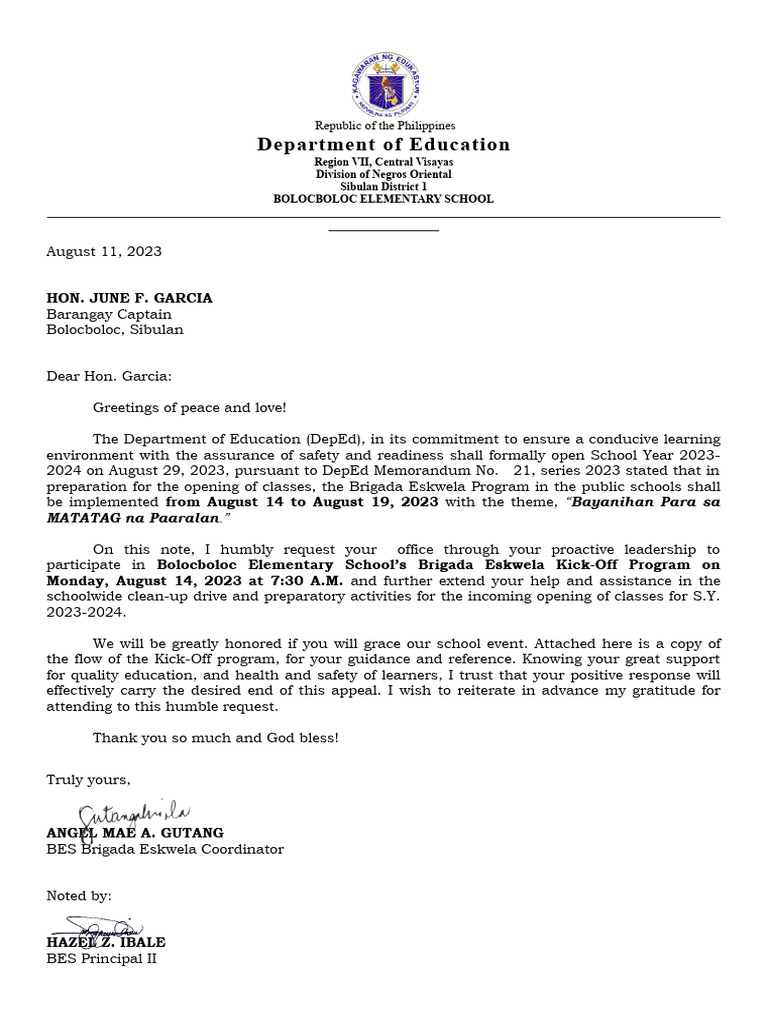 Brigada Eskwela Letter of Invitation | PDF