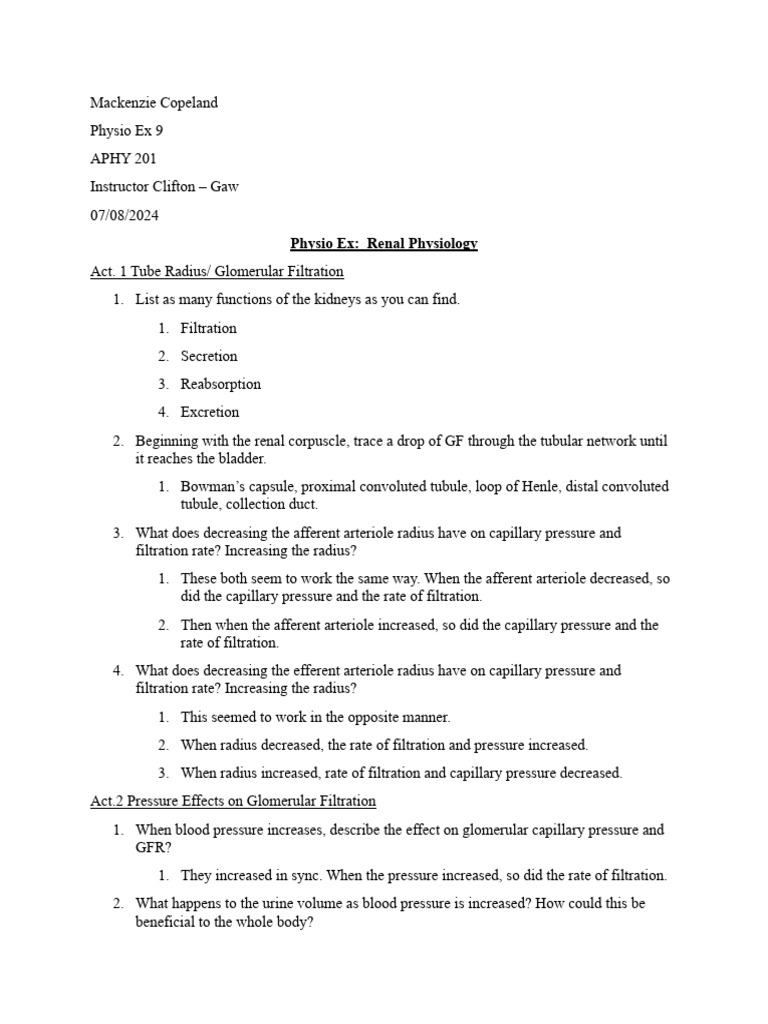 Physio Ex 9 - Renal | PDF | Kidney | Endocrine System