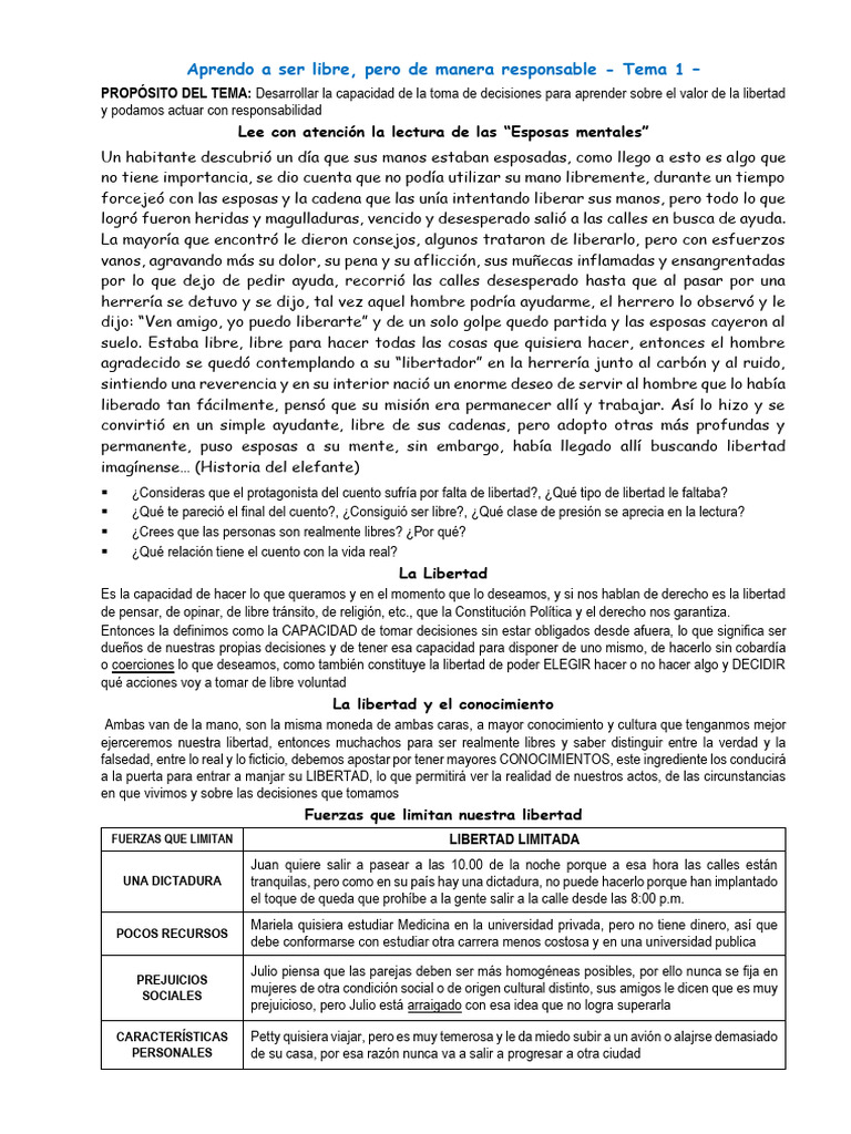 APRENDO A MANEJAR MI LIBERTAD DE MANERA RESPONSABLE | PDF | Libertad ...