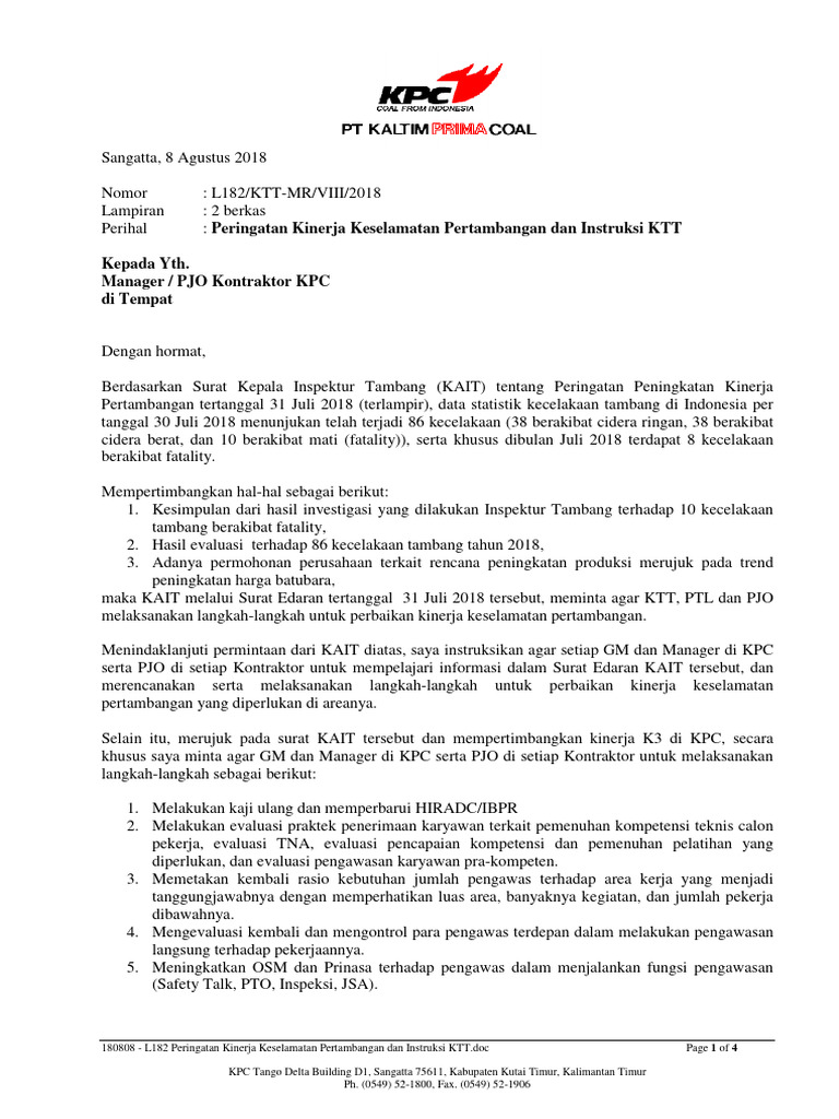L182 Peringatan Kinerja Keselamatan Pertambangan Dan Instruksi KTT | PDF