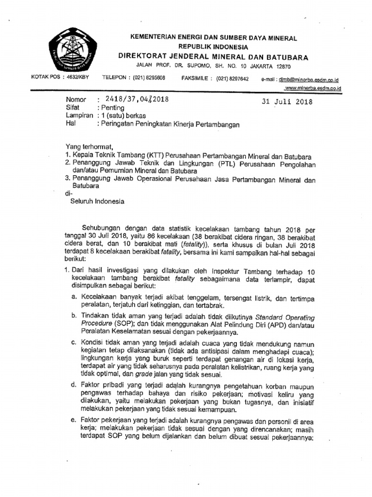 L182 Lampiran 1 Surat KAIT Peringatan Peningkatan Kinerja Pertambangan | PDF
