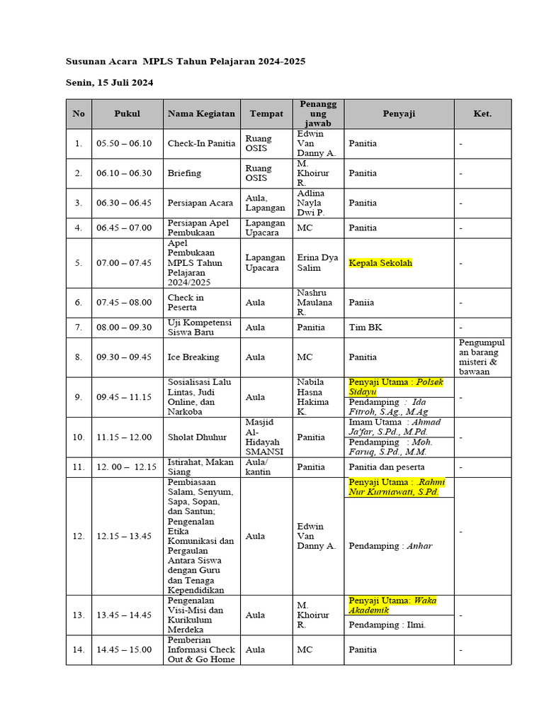 Susunan Acara MPLS Tahun Pelajaran 2024 | PDF