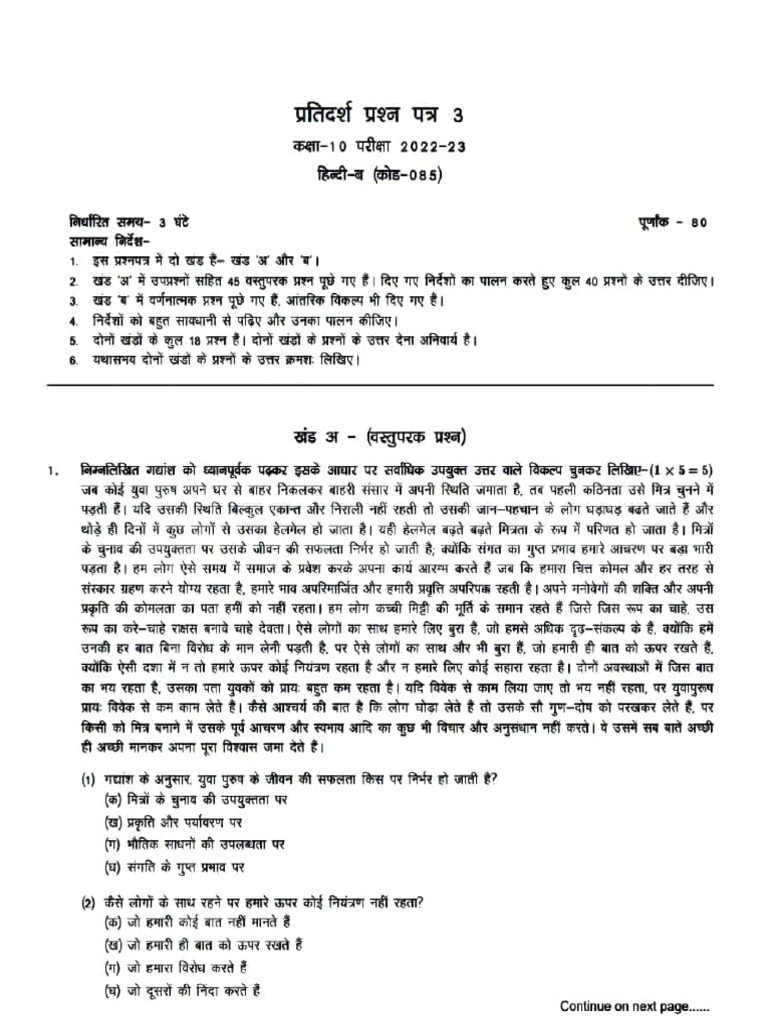 Hindi Practice Paper 3 | PDF