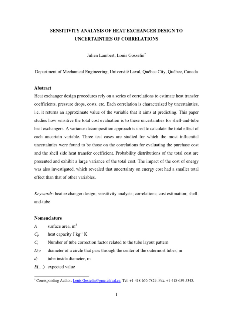Sensitivity Analysis of Heat Exchanger Design To Uncertainties of ... Sensitivity Analysis of Heat Exchanger Design To Uncertainties of ...