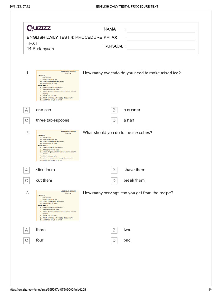 English Daily Test 4 - Procedure Text | PDF | Teaspoon | Tablespoon