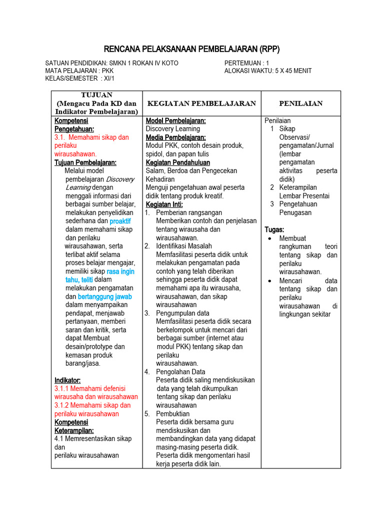 RPP PKK KELAS XI SMK KD 3.1 (sem 1) | PDF
