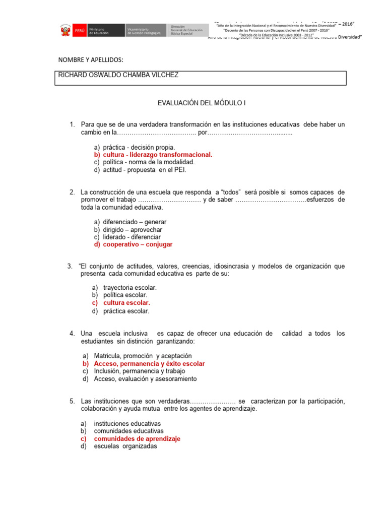 Prueba Modulo i | Descargar gratis PDF | Inclusión (Educación) | Escuelas