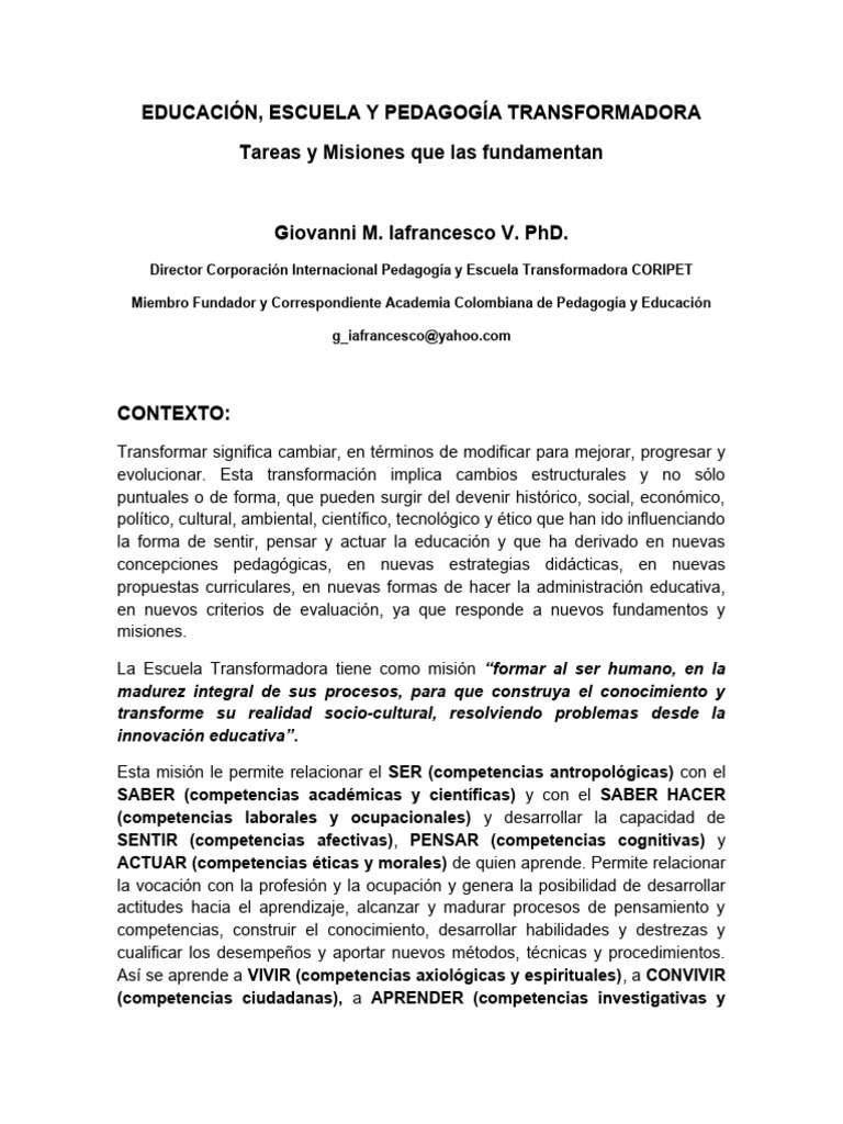 Educacion Escuela y Pedagogia Transformadora-1 | PDF | Plan de estudios | Aprendizaje