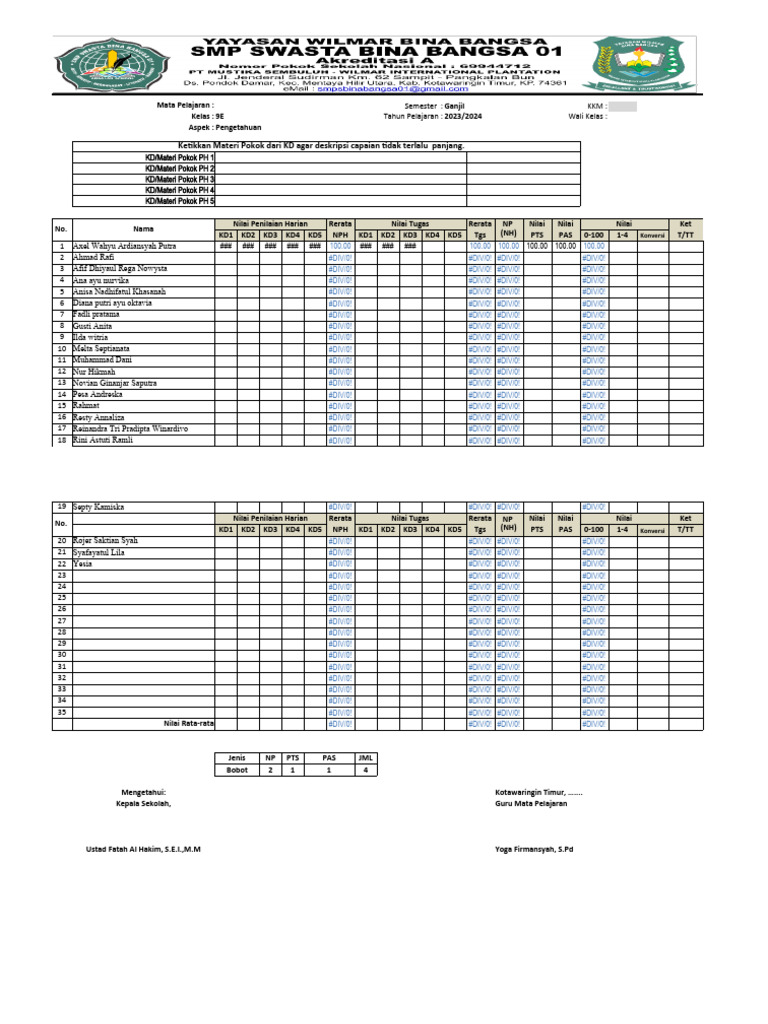 Format Daftar Nilai, Presensi Dan Jurnal Guru Mapel K13 - PRESENSI MAPEL | PDF