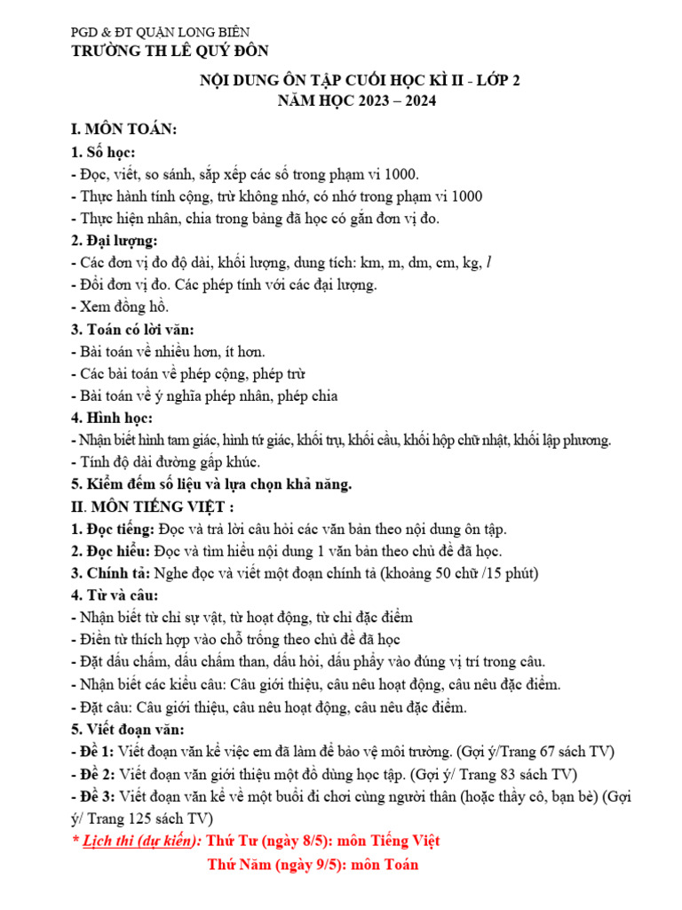 ND ÔN TẬP CK2- lớp 2 | PDF