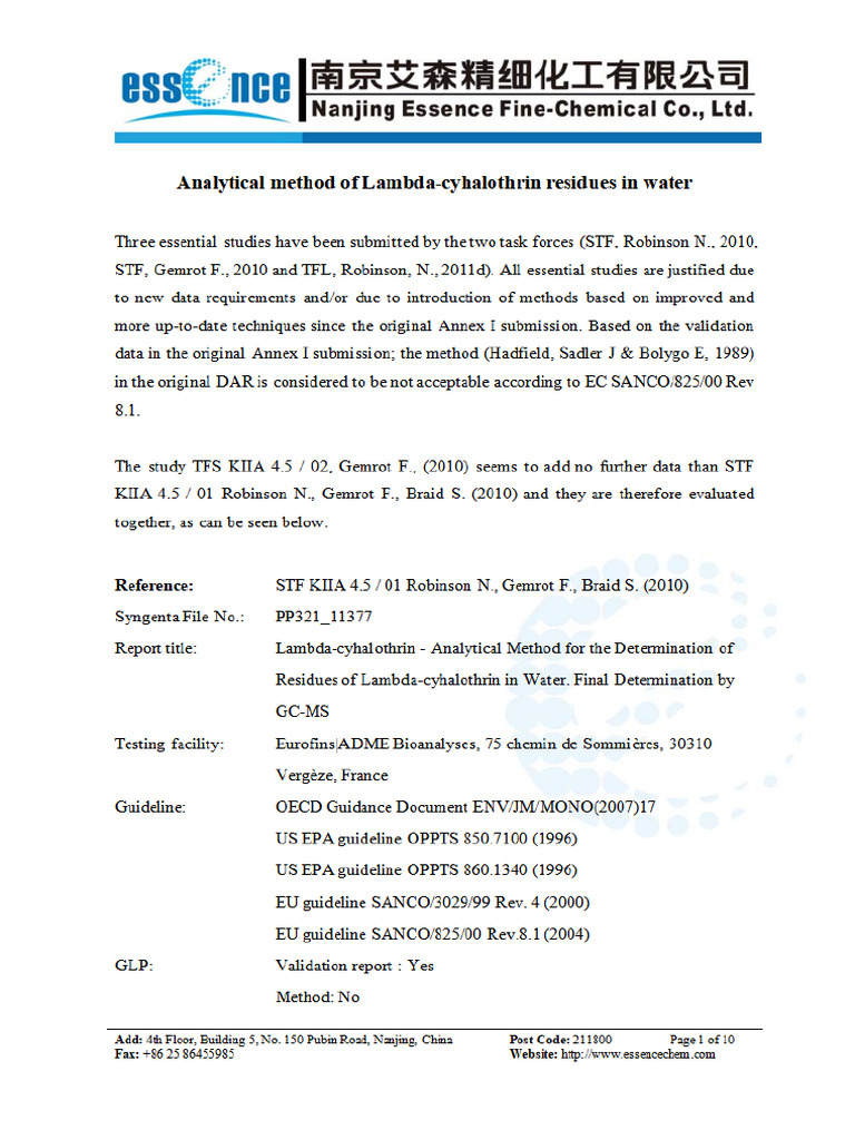 Aattachment 1.2 Analytical Method For Lambda-Cyhalothrin Residue in Water | PDF