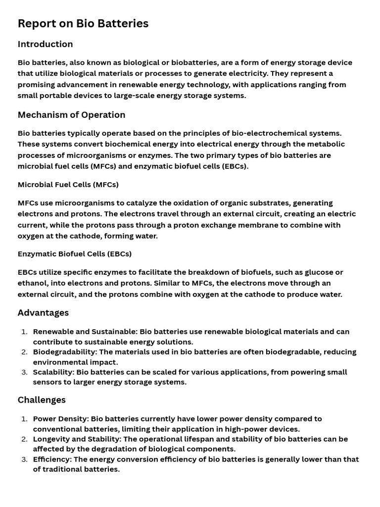 Report on Bio Batteries | PDF | Nature | Sustainable Technologies