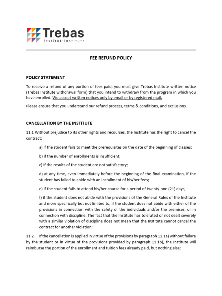 Trebas Institute Fee Refund Guidelines | PDF | Fee | Business Law