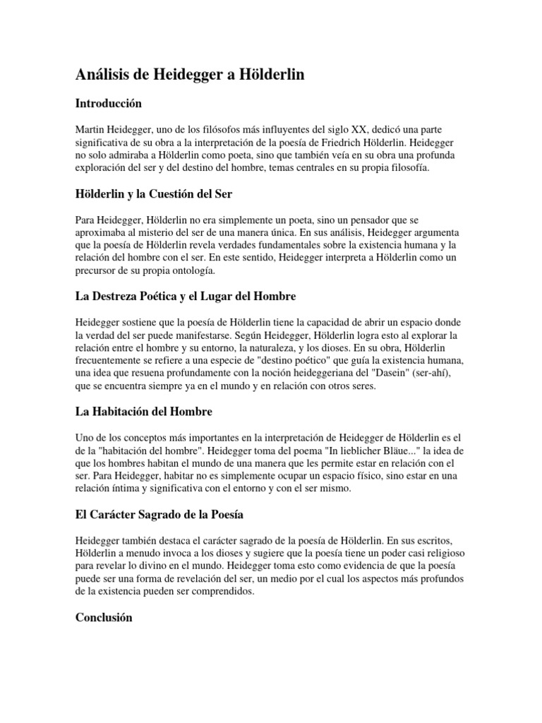 Análisis De Heidegger A Hölderlin Pdf Martin Heidegger Existencia