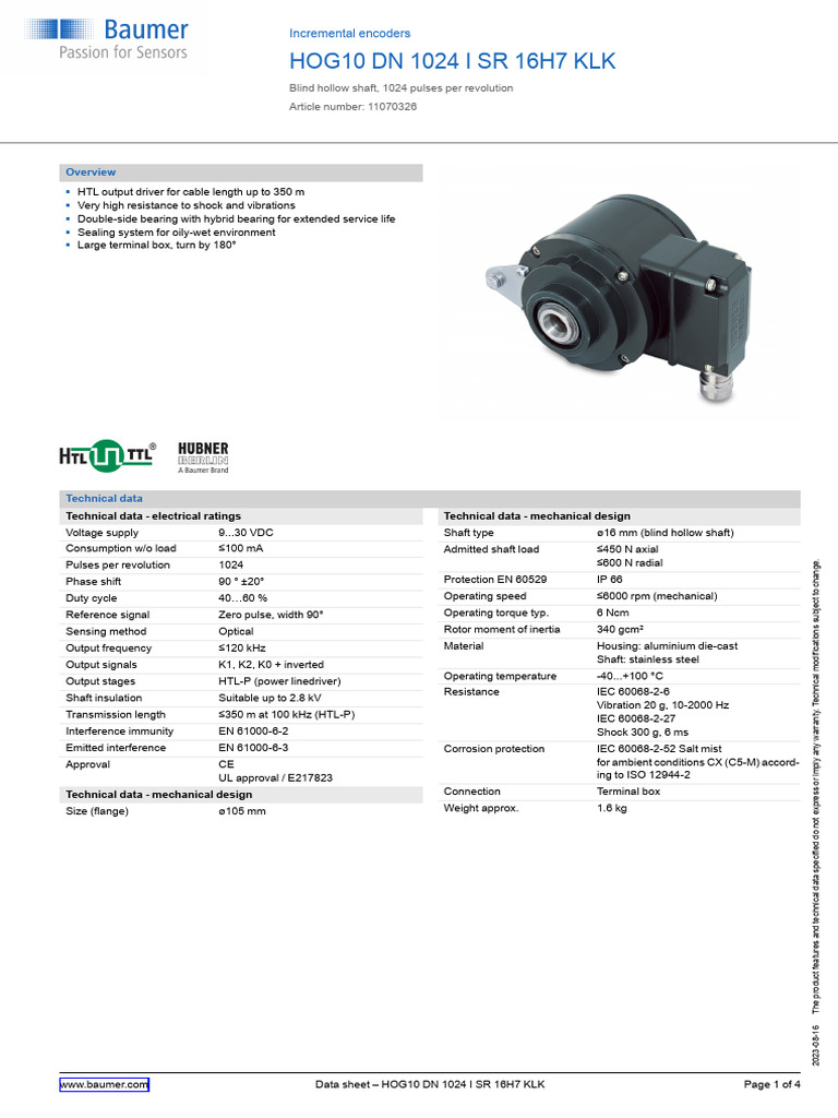 HOG10 DN 1024 I Encoder Datasheet | PDF | Hertz | Electrical Resistance And Conductance