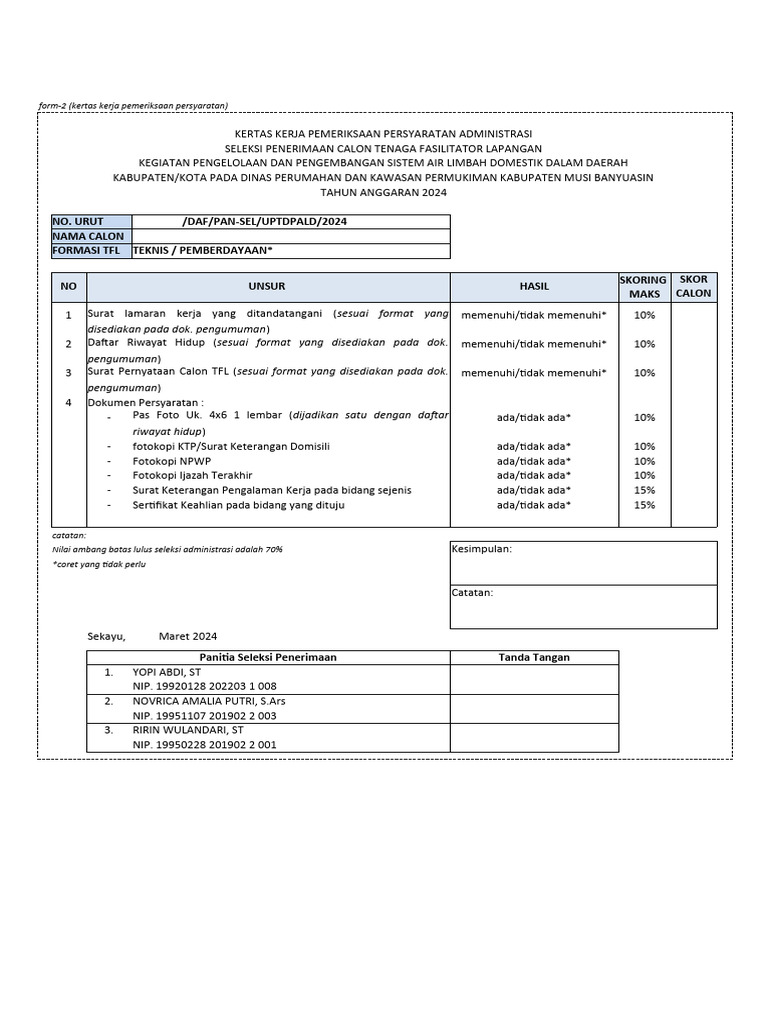 Form Kerja Seleksi Administrasi TFL | PDF