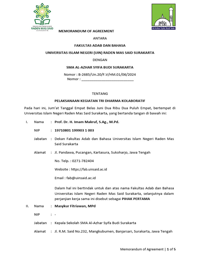 Draft MoA Pendidikan SMA Al-Azhar Syifa Budi Surakarta | PDF | Hukum