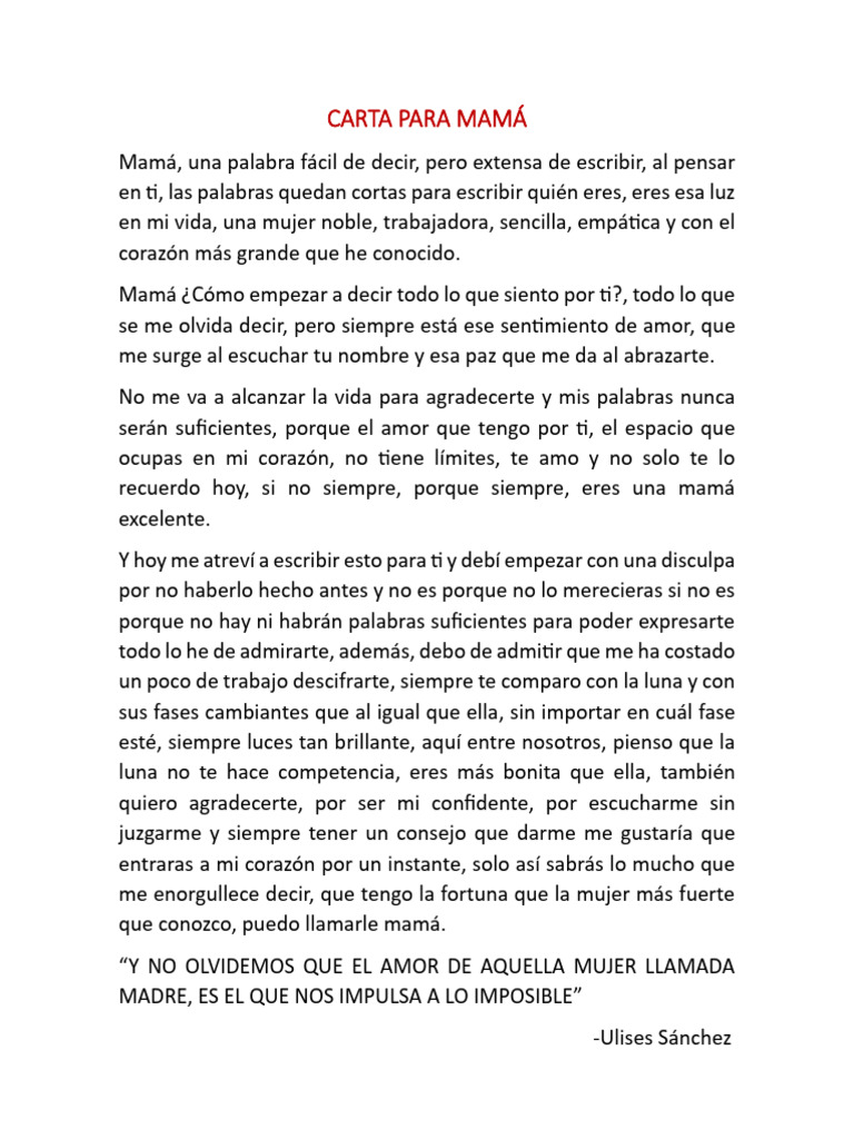 Carta De Amor Para Mamá Pdf