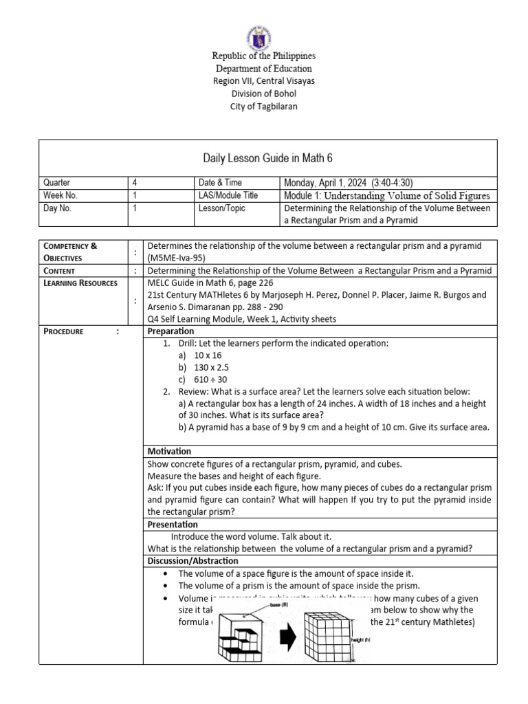 Prototype-Lesson-Plan-in-Math-6-Q4-Wk1-day1 | PDF | Volume | Length