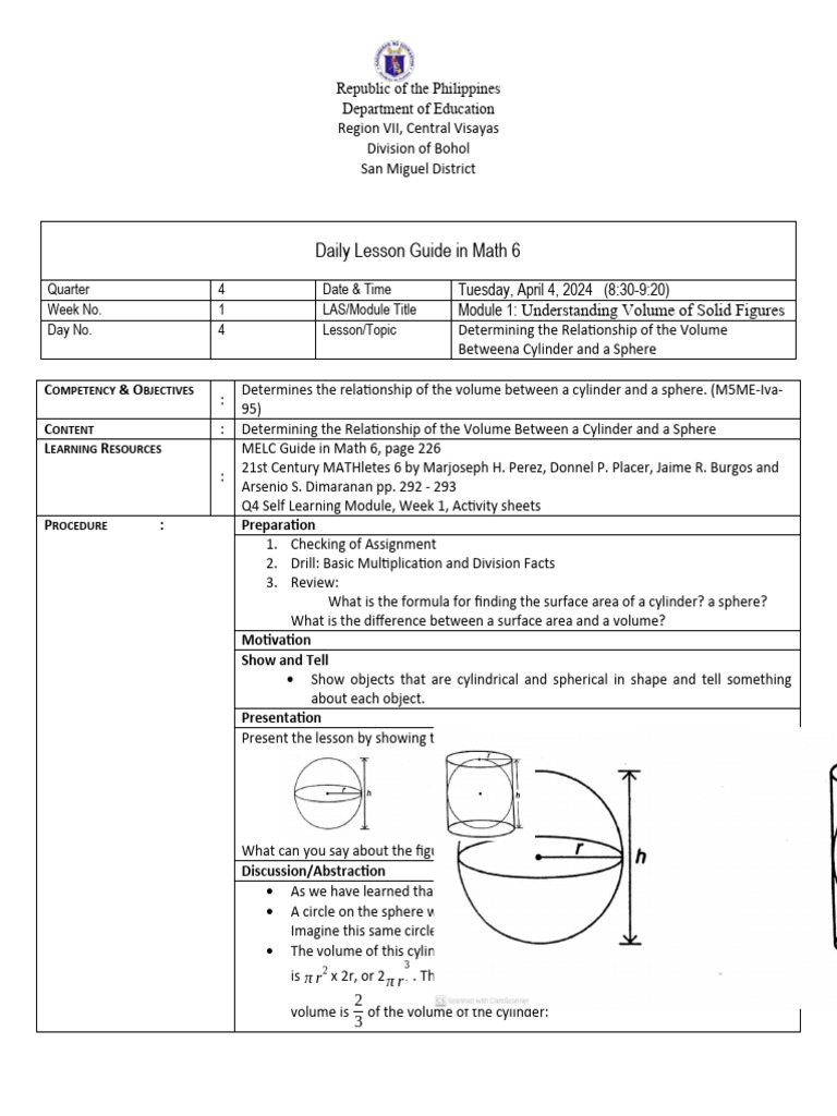 Prototype-Lesson-Plan-in-Math-6-Q4-Wk1-day3 | PDF | Sphere | Volume