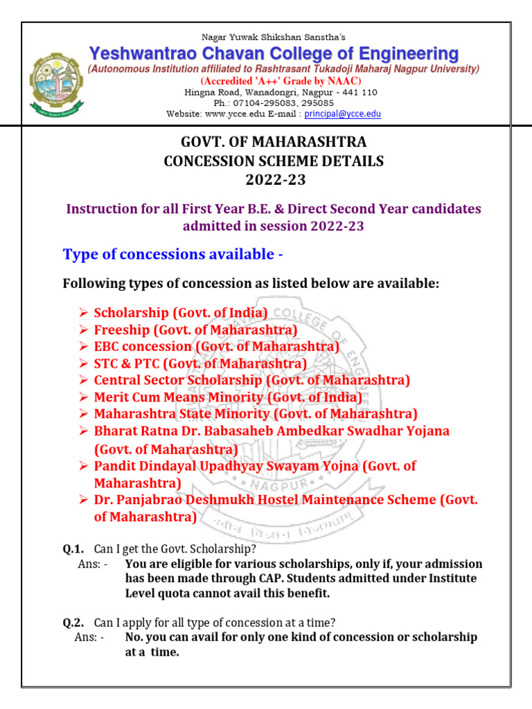 Maharashtra Engineering College Concessions | PDF