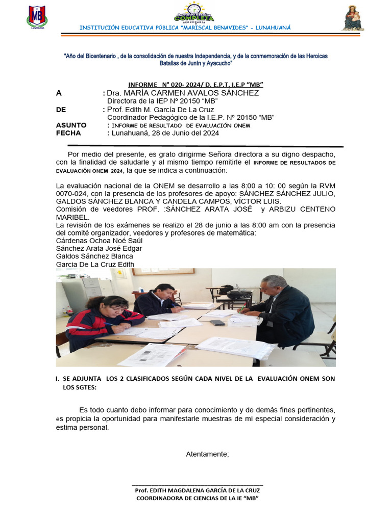 Informe N°20 RESULTADO EVAL ONEM 2024 | PDF