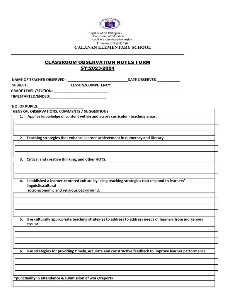 2023-2024 - Observation Tool and Post Observation Notes Form | PDF ...
