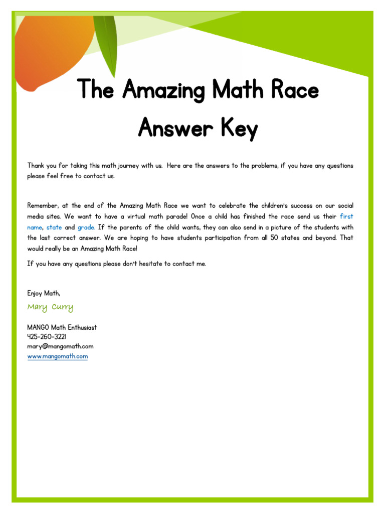 5eb1b62c9889f3ead461e243 - MANGO Math's Amazing Math Race Answer Key | PDF | Mathematics