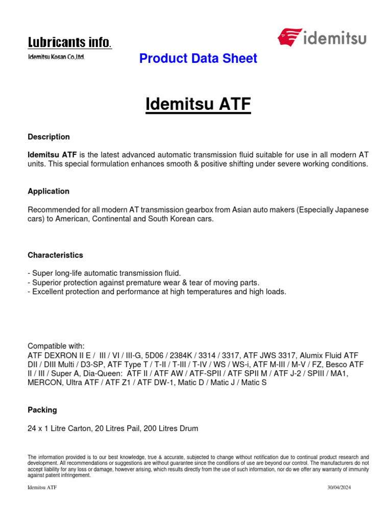Idemitsu Atf Apr 2024 | PDF | Fluid Mechanics | Soft Matter