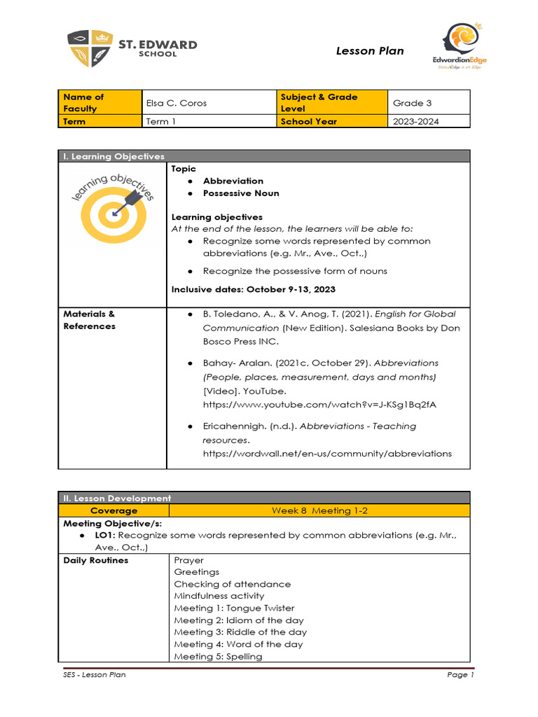 Lesson Plan: I. Learning Objectives | PDF | Linguistics | Learning