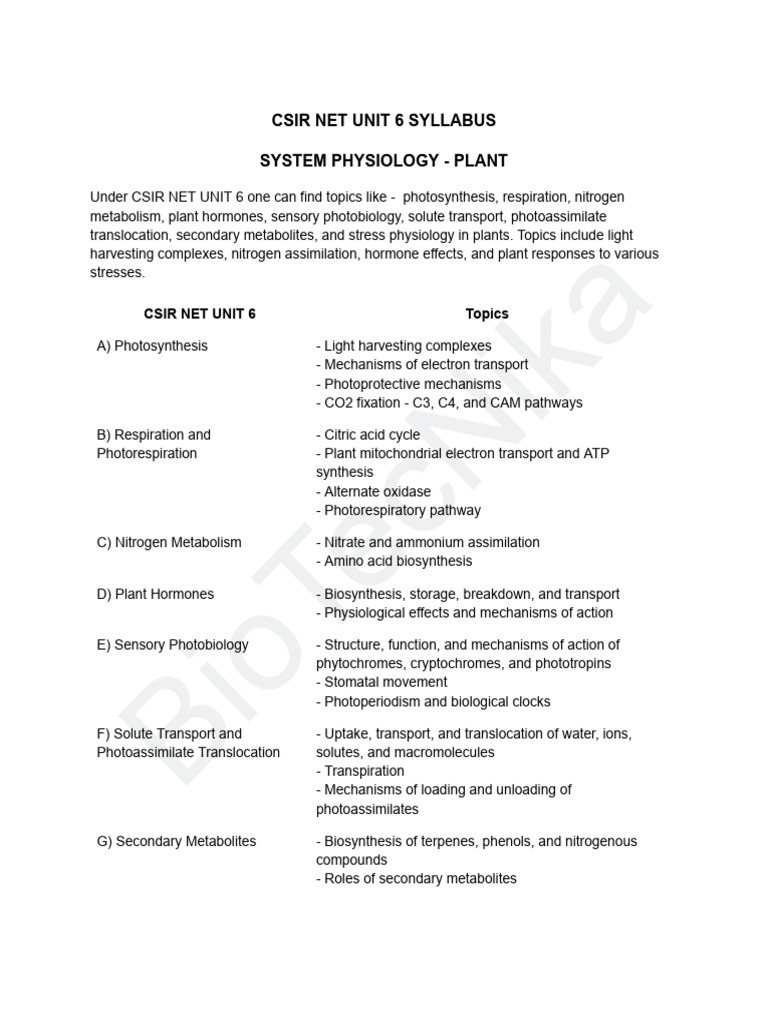 CSIR NET Plant Physiology Overview | PDF | Photosynthesis | Metabolism