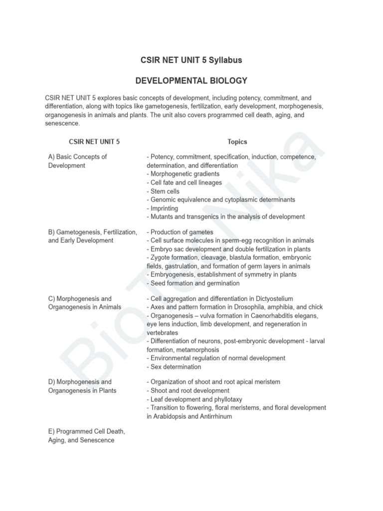 Csir Net Life Science Unit 5 Syllabus | PDF | Developmental Biology | Embryo