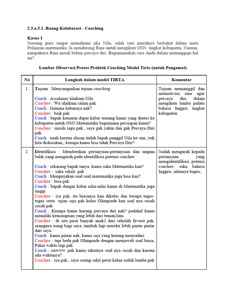 Lembar Observasi Dan Skenario Proses Praktek Coaching Model Tirta | PDF