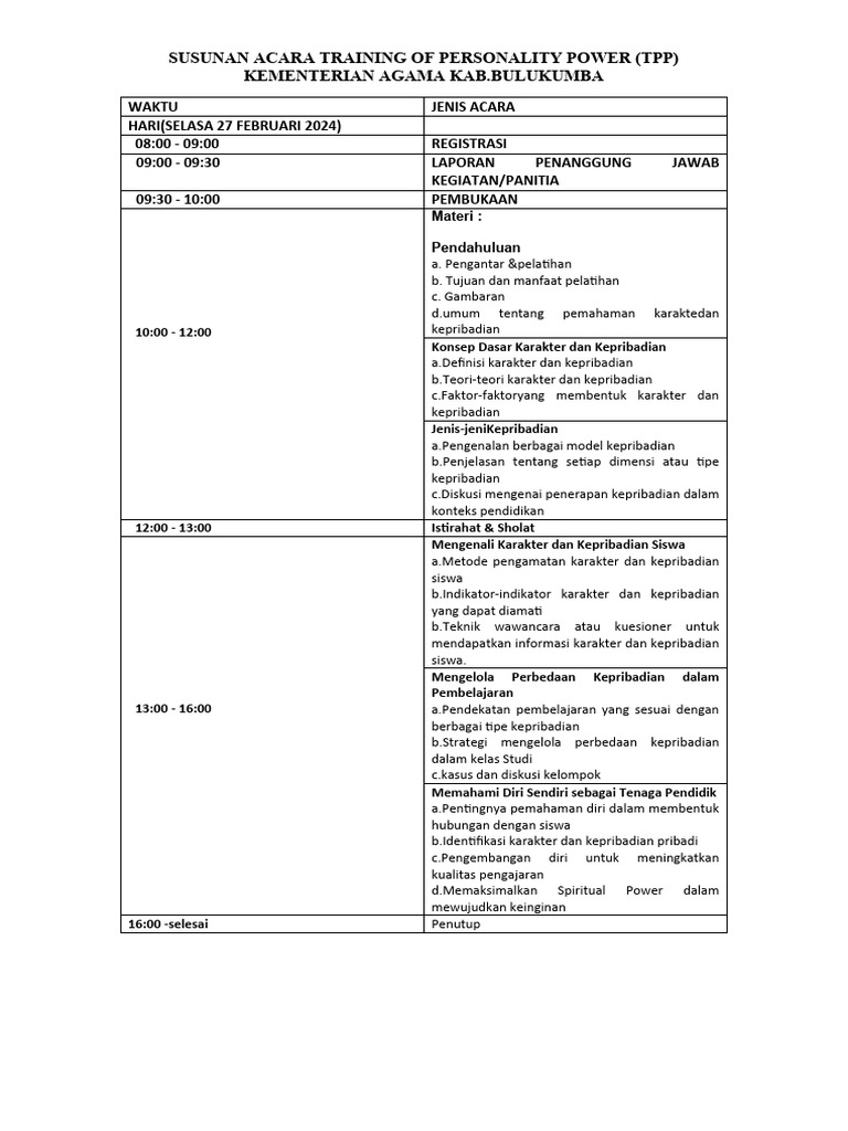 Jadwal Training Kepribadian TPP 2024 | PDF | Karier & Perkembangan
