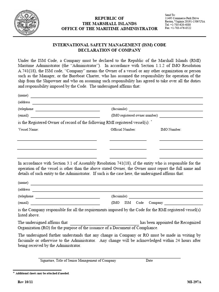 MI-297A ISM Code Declaration of Company | PDF | Fax | Water Transport