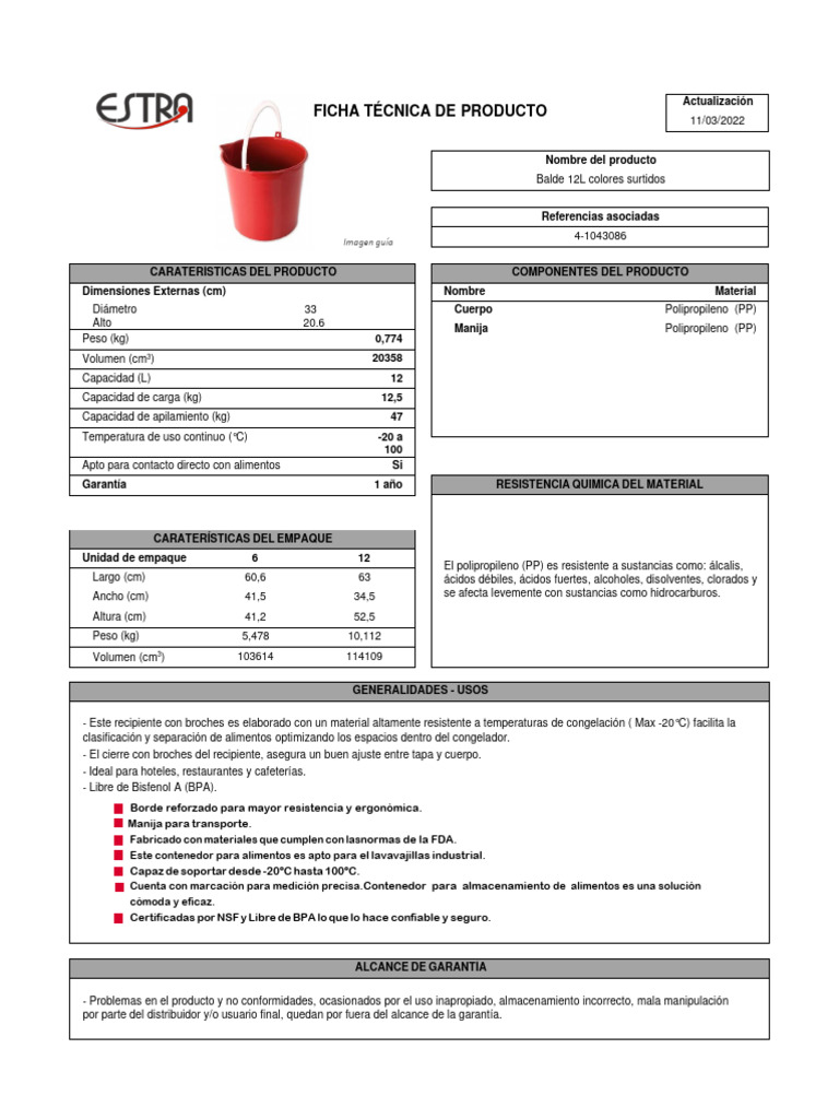 FICHA TÉCNICA BALDE 12L | Descargar gratis PDF | Materiales | Compuestos químicos