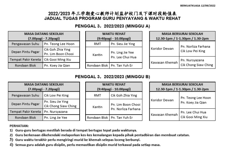 JADUAL BERTUGAS Penyayang Waktu Rehat | PDF