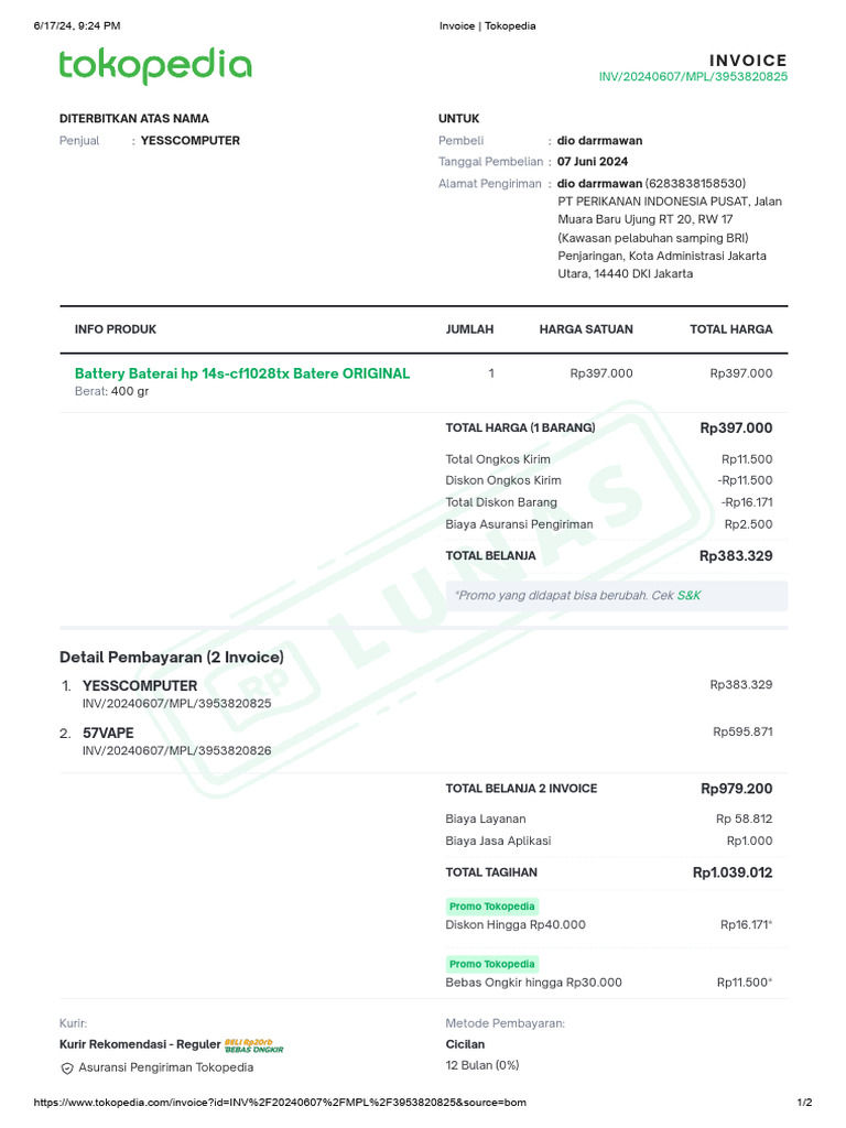 Invoice Pembelian Tokopedia 07 Juni 2024 | PDF