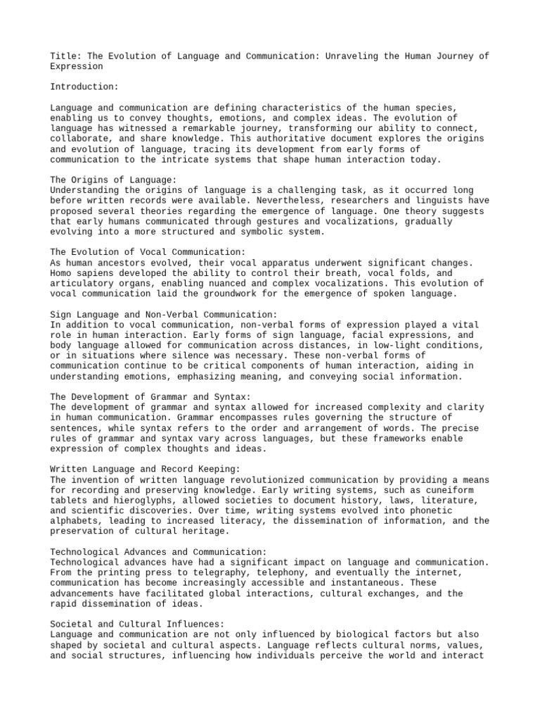 The Evolution of Language and Communication | PDF | Communication ...