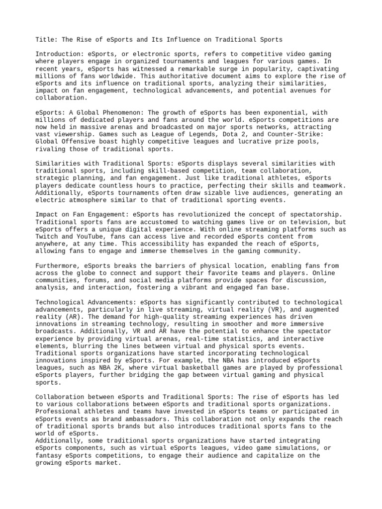 eSports' Impact on Traditional Sports | PDF | Augmented Reality ...