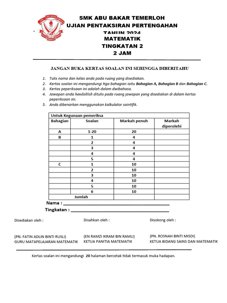 Ujian Pertengahan Tahun Matematik Tingkatan 1 | PDF