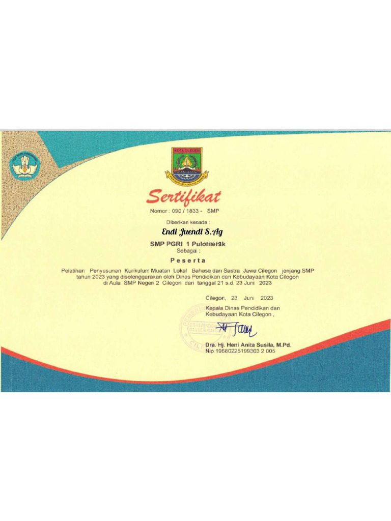 Sertifikat 1 Nalek Endi 2023 | PDF