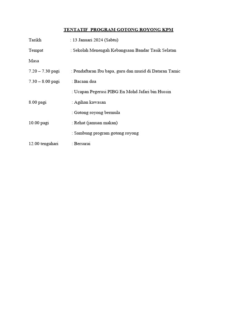 Tentatif Program Gotong Royong KPM | PDF