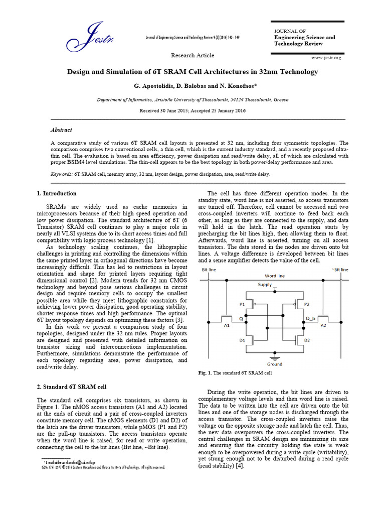 Design and Simulation of 6T SRAM Cell Architectures in 32nm Technology | Download Free PDF ...