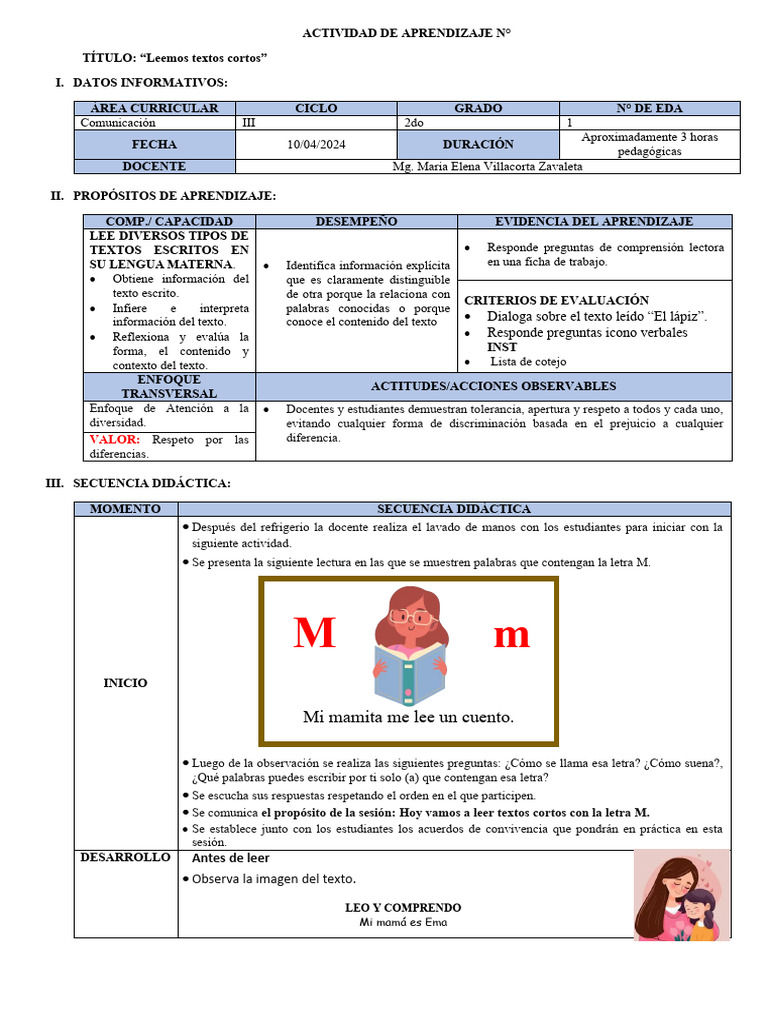 Leemos Textos Con La Letra M | PDF | Comprensión lectora | Aprendizaje